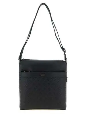 FERRAGAMO Monogram Hammered Calf Leather Messenger Crossbody Bag - Black
