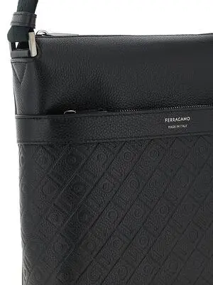FERRAGAMO Monogram Hammered Calf Leather Messenger Crossbody Bag