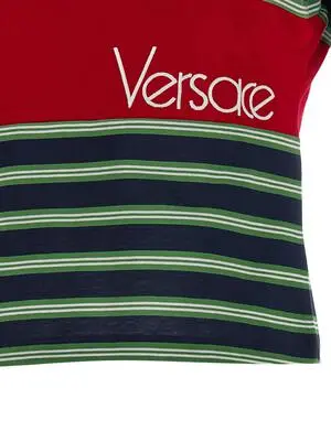 Versace Striped Cotton T-shirt With Intarsia Logo Embroidery - Multicolor