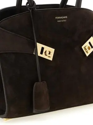 FERRAGAMO Suede Handbag With Gancini Buckle - Brown