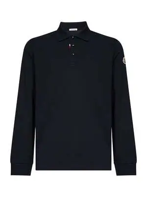 Moncler Blue Cotton Piqué Long-sleeved Polo Shirt With Logo - Multicolor