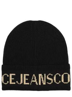 Versace Ribbed Knit Beanie With Logo Detail - Black