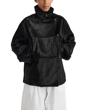 RÓHE Pony Hair Leather Stand Collar Jacket - Black