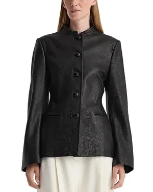 RÓHE Leather Collarless Button Front Jacket
