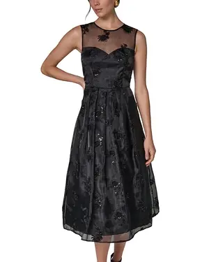 Donna Karan New York Illusion Neck Bead Embroidered Fit & Flare Dress - Black