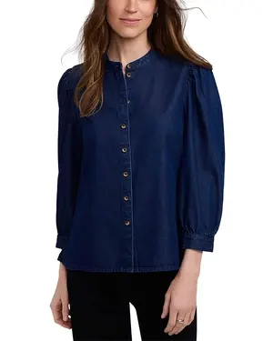 Foxcroft Helsa Cotton Puff Sleeve Denim Shirt - Dark Wash