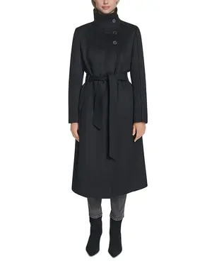Cole Haan Asymmetrical Belted Wool Blend Coat - Black