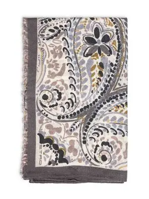 Etro Beige Wool And Silk Scarf With Floral Paisley Pattern