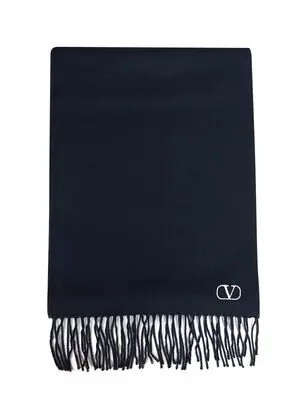 Valentino Garavani Navy Blue Virgin Wool Scarf With Vlogo Signature Embroidery - Multicolor