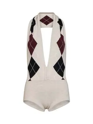MUGLER Beige Argyle-pattern Virgin Wool Knit Bodysuit