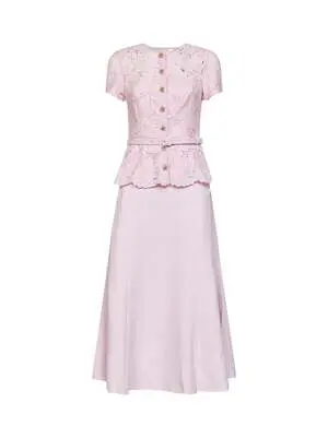 SELF-PORTRAIT Pink Crepe And Lace Belted Midi Dress - Multicolor