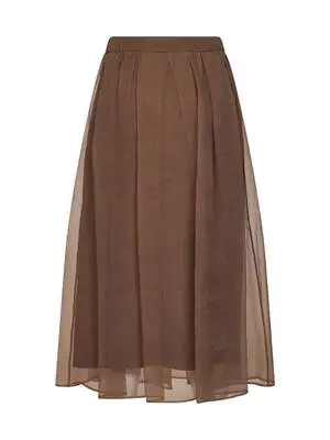 Brunello Cucinelli Cigar Crispy Silk Flared Midi Skirt