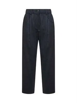 Brunello Cucinelli Anthracite Wool Flannel Baggy Trousers With Monili - Multicolor