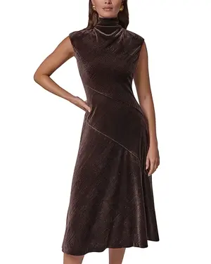 Donna Karan New York Crinkled Velvet Mock Neck A-line Midi Dress - Espresso