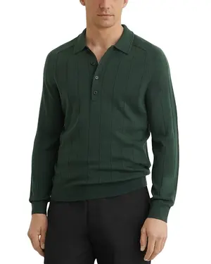 REISS Greyson Ribbed Long Sleeve Merino Wool Polo - Dark Green