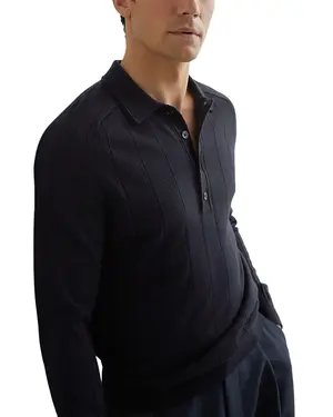 REISS Greyson Ribbed Long Sleeve Merino Wool Polo - Navy