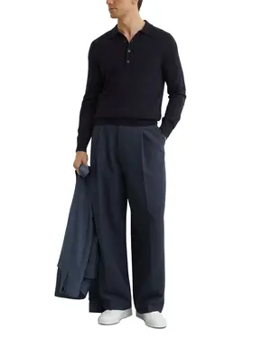 REISS Greyson Ribbed Long Sleeve Merino Wool Polo - Navy