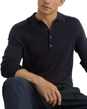 REISS Greyson Ribbed Long Sleeve Merino Wool Polo - Navy