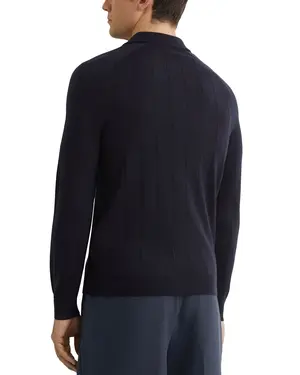 REISS Greyson Ribbed Long Sleeve Merino Wool Polo - Navy