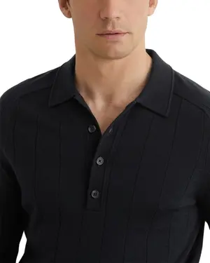 REISS Greyson Ribbed Long Sleeve Merino Wool Polo - Navy