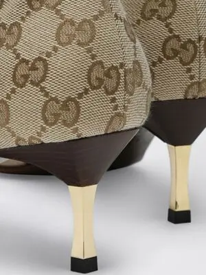 Gucci Bombshell Gg Jacquard Canvas Ankle Boots With Mid Stiletto Heel