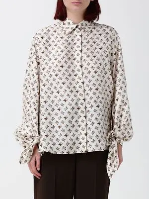 Max Mara Monogram Print Silk Shirt With French Collar And Concealed Placket - White