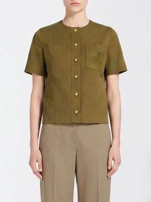 Max Mara Short-sleeved Stretch Cotton Top With Pocket And Embroidered Logo - Brown