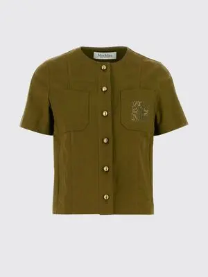Max Mara Short-sleeved Stretch Cotton Top With Embroidered Logo And Pocket - Brown