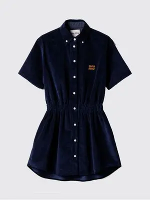 Miu Miu Velvet Corduroy Button-up Shirt Dress With Logo - Blue