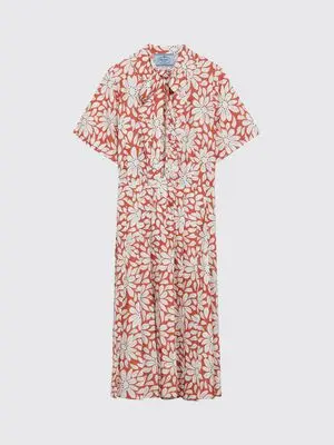 Prada Cotton Floral Print Shirt Dress - Red