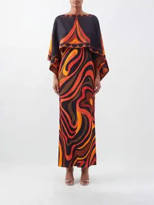 Emilio Pucci Printed Silk Maxi Dress With Cape Effect - Orange