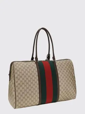 Gucci Gg Monogram Fabric Travel Bag With Leather Handles - Brown
