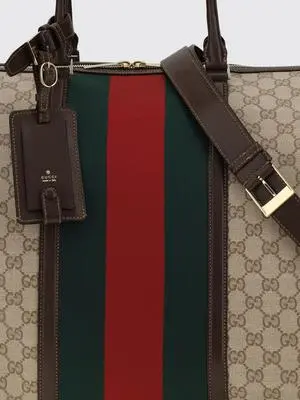 Gucci Gg Monogram Fabric Travel Bag With Leather Handles - Brown