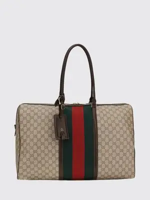 Gucci Gg Monogram Fabric Travel Bag With Leather Handles - Brown