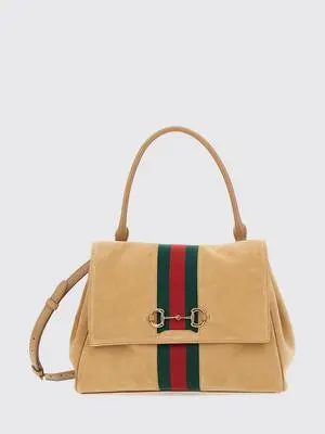 Gucci Suede Shoulder Bag With Horsebit Detail And Web Stripe - Cream