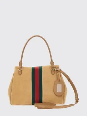 Gucci Suede Shoulder Bag With Horsebit Detail And Web Stripe - Cream