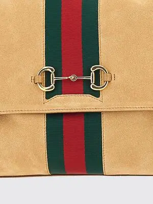 Gucci Suede Shoulder Bag With Horsebit Detail And Web Stripe - Cream