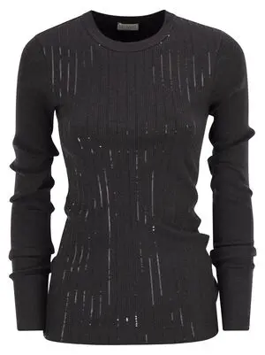 Brunello Cucinelli Stretch Cotton T-shirt With Dazzling Chalk Stripe Embroidery - Multicolor