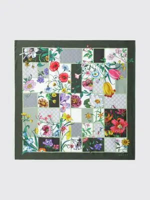 Gucci Gg Monogram And Floral Motif Silk Twill Scarf - Green