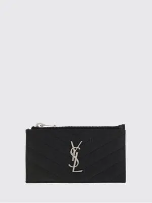 Saint Laurent Grain De Poudre Leather Card Holder With Chevron Pattern And Logo - Black