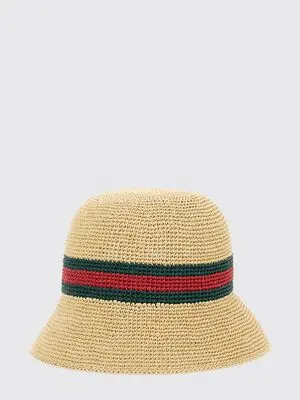 Gucci Striped Raffia Bucket Hat With Gg Detail - Cream