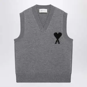 AMI Paris Grey De Coeur Vest In Wool
