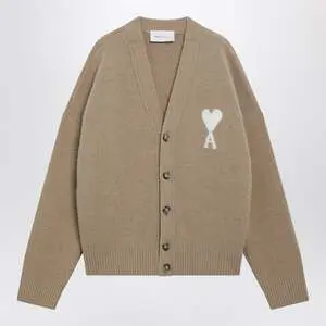 AMI Paris Beige De Coeur Cardigan In Alpaca Blend