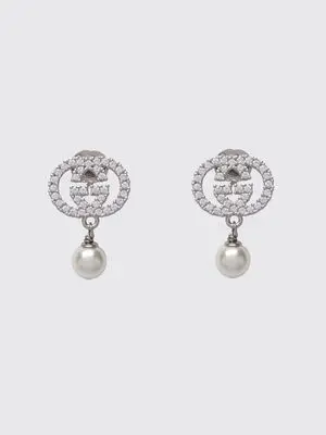 Gucci Pendant Earrings In Brass With Synthetic Pearls And Rhinestone Gg Logo - White