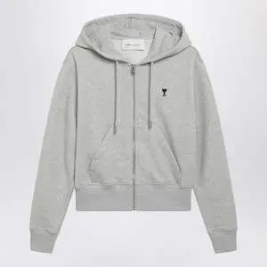 AMI Paris Light Grey De Coeur Zip-up Sweatshirt In Cotton - Gray