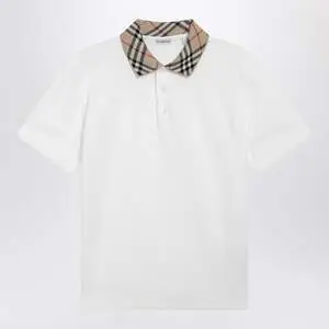 Burberry Chalk Cotton Pique Polo Shirt With Check Collar - White