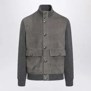 Brunello Cucinelli Steel Padded Leather And Cashmere Jacket - Gray