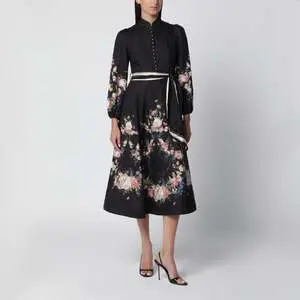 Zimmermann Valiant Printed Linen Midi Dress In Bouquet - Black