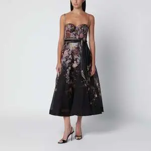 Zimmermann Valiant Floral Silk Linen Corset Midi Dress - Black