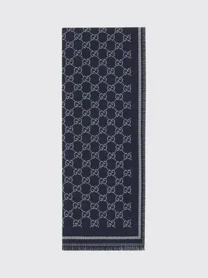 Gucci All-over Gg Motif Wool Scarf With Fringed Edges - Blue